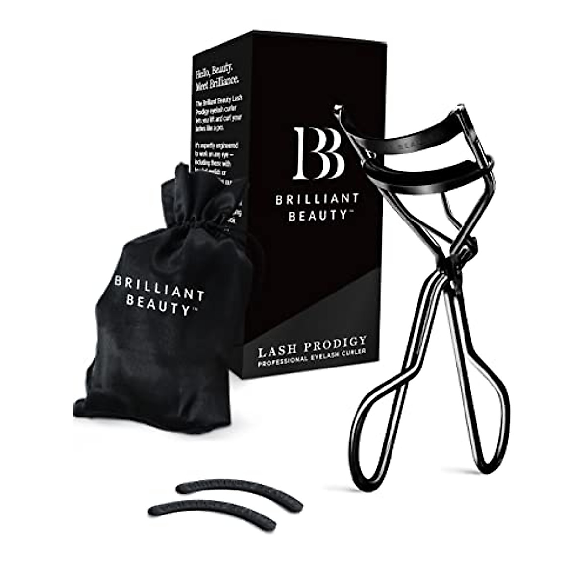 Brilliant Beauty Eyelash Curler with Satin Bag & Refill Pads - Award Winning Eye Lash Curlers for Dramatically Curled Eyelashes & Lash Lift in Seconds (Jet Black)