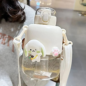 JZSMY 700ml Kawaii Straw Water Bottle, Cute Water Bottles with 3D Stickers, Milk Juice Cute Water Bottle Plastic Water Bottles with Portable Rope For Outdoor Travel (Pink)