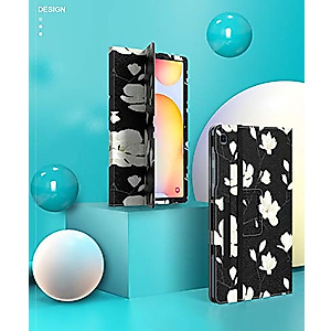 MoKo Case Compatible with Galaxy Tab S6 Lite 2020, Slim PU Tablet Shell Cover Stand Case with Auto-Wake S-Pen Holder Fit Samsung Galaxy Tab S6 Lite 10.4 2020 SM-P610/P615 ONLY - Black & White Magnolia
