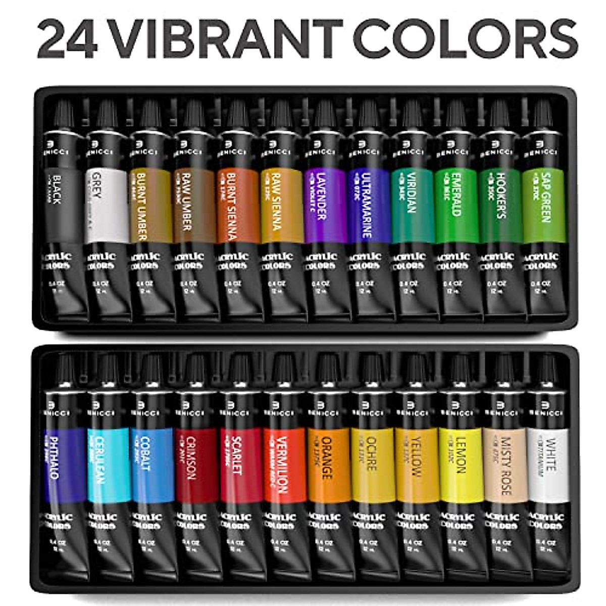 Complete Acrylic Paint Set – 24х Rich Pigment Colors – 12x Art Brushes with Bonus Paint Art Knife & Sponge – for Painting Canvas, Clay, Ceramic & Crafts, Non-Toxic & Quick Dry – for Kids & Adults