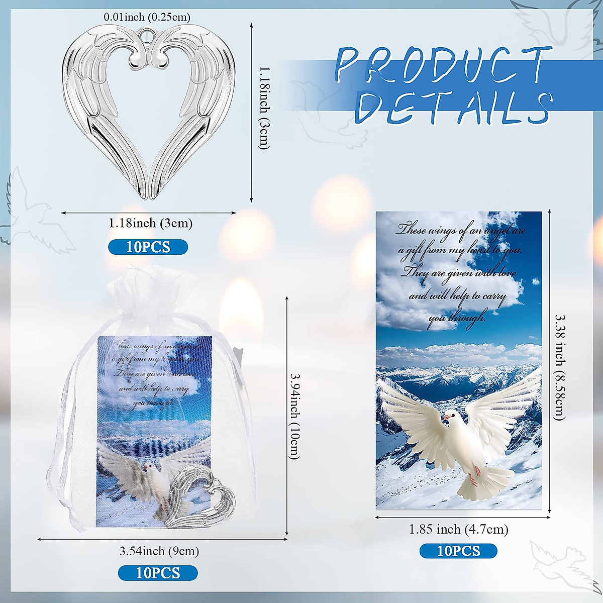 10 Sets Memorial Angel Sign Coins Set Memorial Metal Wing Pocket Token Heart Lucky Angel Charm with Peace Dove Sign Poem Cards White Organza Bags Present for Family Friends