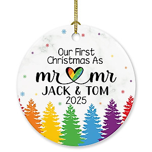 Personalized Gay Pride LGBT Christmas Tree Rainbow Ornament, Our First Christmas As Mr & Mr Ornament Gift for Couple Gay LGBT Newlywed Wedding, Custom Names Couple Gay 1st Xmas As Mr & Mr Ornament