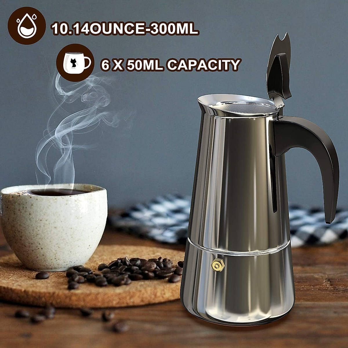 Deeoutlife Stovetop Espresso Maker Moka Pot - Percolator Italian Coffee Machine Maker, Stainless Steel Espresso Pot Full Bodied Coffee Stove Top Classic Cafe Maker,6 Cup/300ml
