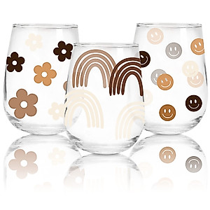 Whaline 3Pcs Groovy Retro Hippie Flower Beer Glass Can Boho Stemless Wine Glasses Rainbow Daisy Flower Face Wine Glasses Thank You Gifts Tumbler Cups for Holiday Party Supplies Decorations, 17oz