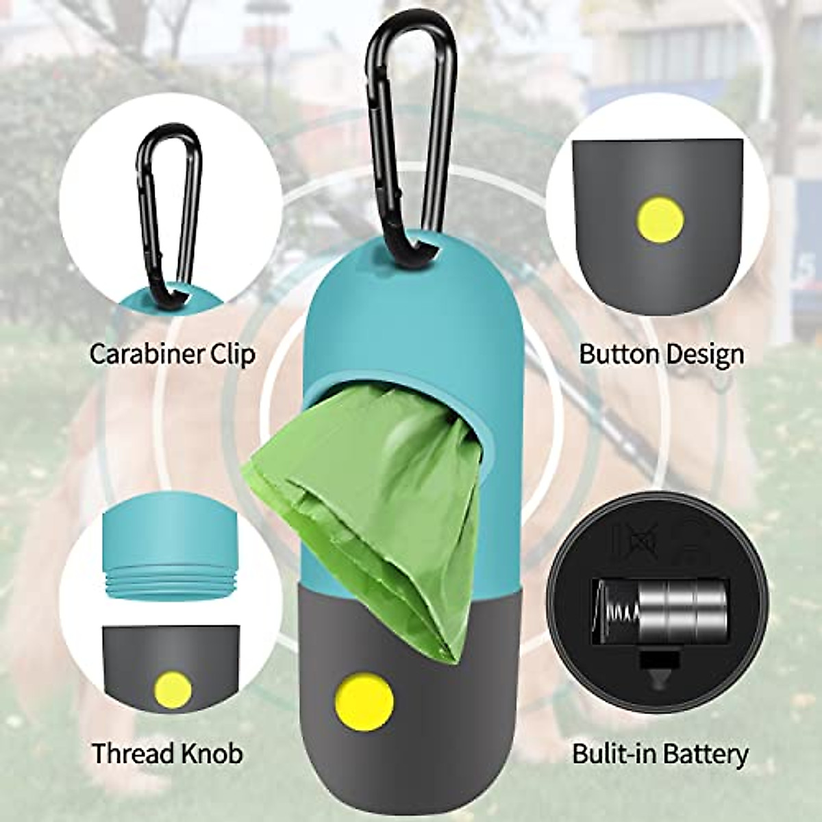 2 Pack Dog Poop Bag Dispenser with Built-in LED Flashlight, Pet Waste Bag Holder for Leash with Carabiner Clip for Lead Leash, 2 Rolls Leak-proof Doggy Waste Bags for Dog Walking, Blue