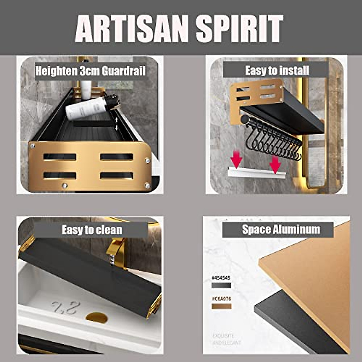 24HOCL Floating Shelves Wall Mounted with 7 Removable S Hooks, Adhesive/Drill Installation Wall Shelves for Bedroom/Bathroom/Living Room/Kitchen/Laundry Room, Storage & Decoration, Black/Gold