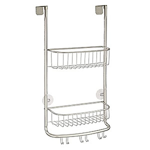 mDesign Stainless Steel Bath/Shower Over Door Caddy, Hanging Storage Organizer 2-Tier Rack with 6 Hooks and 2 Baskets - Holder for Soap, Shampoo, Loofah, Body Wash, Omni Collection, Satin