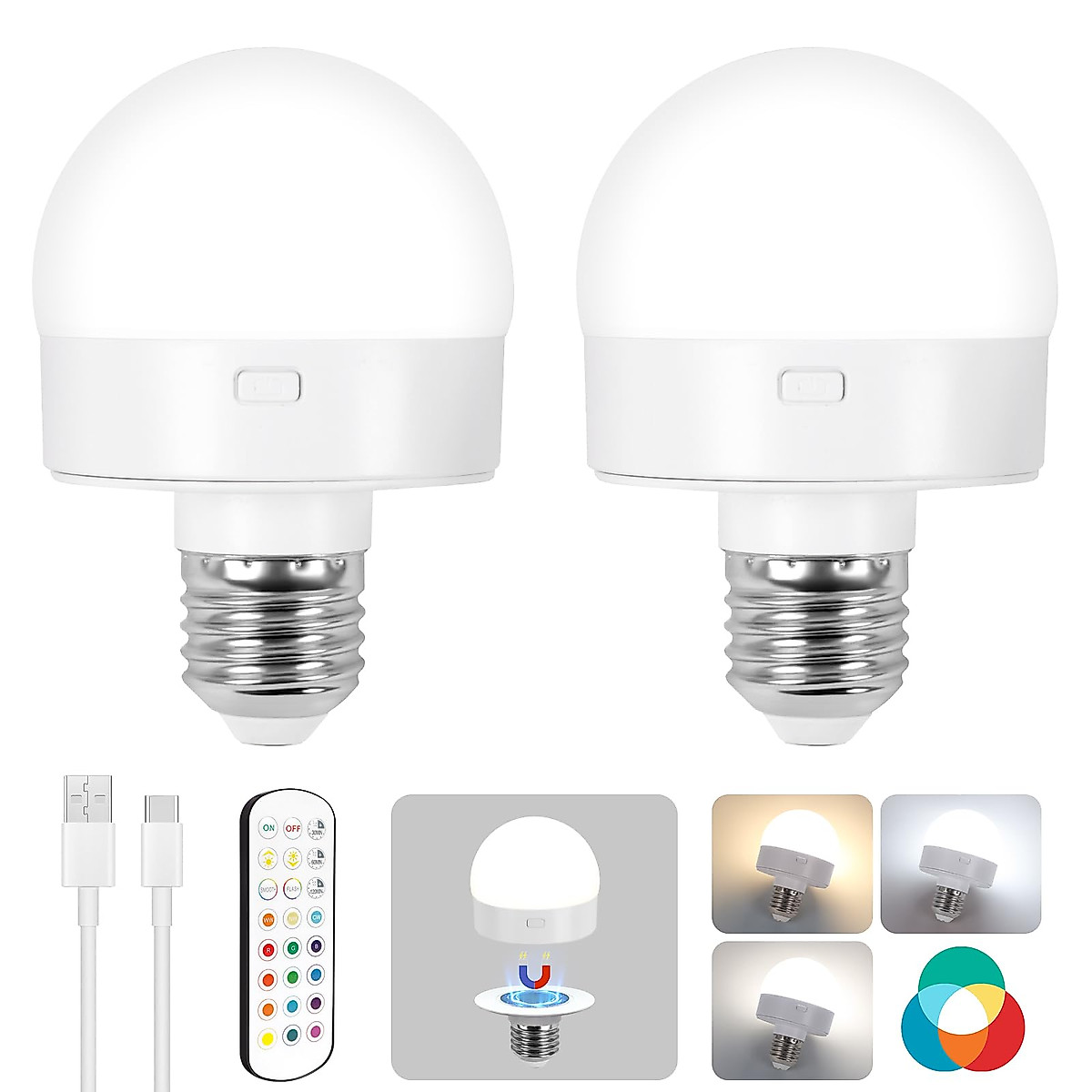 Rechargeable Battery Operated Light Bulbs with Remote Control,Timer and 15 Color Temperature,Wireless Puck Light Bulbs dimmable Magnetic Color Changing LED Bulb for Non-Hardwired Wall Sconce,2 Pack