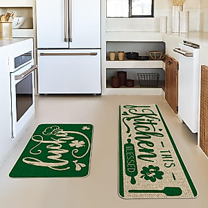 Artoid Mode This Kitchen is Blessed Luck Clover Shamrock Decorative Kitchen Mats Set of 2, Home Party Home Kitchen Rugs - 17x29 and 17x47 Inch