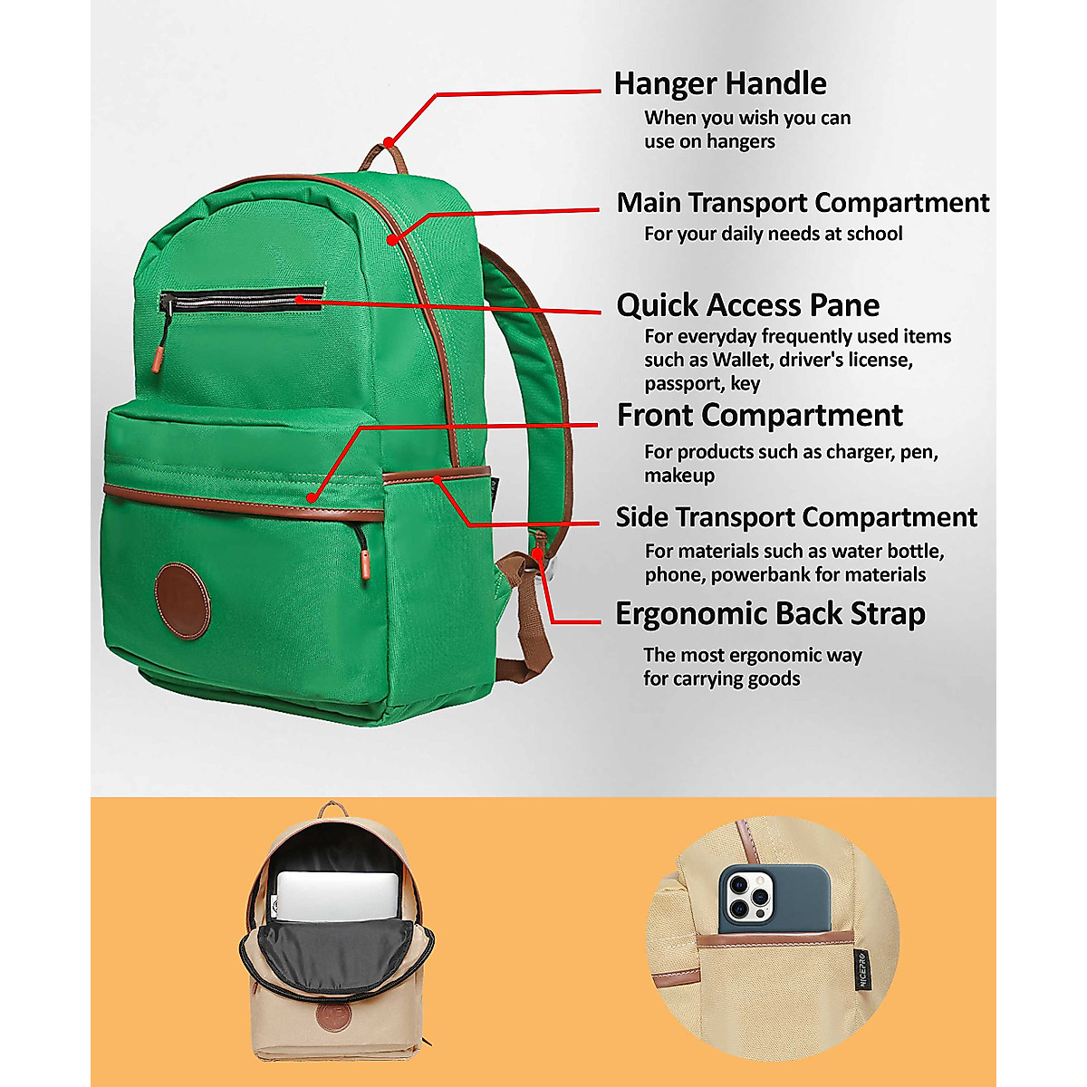 NPO nJoy Laptop Backpack,Fashion Slim Durable Laptops Backpack , Stylish Water Repellent College School Computer Bag for Women & Men Fits 16 Inch Laptop and Notebook (Green)