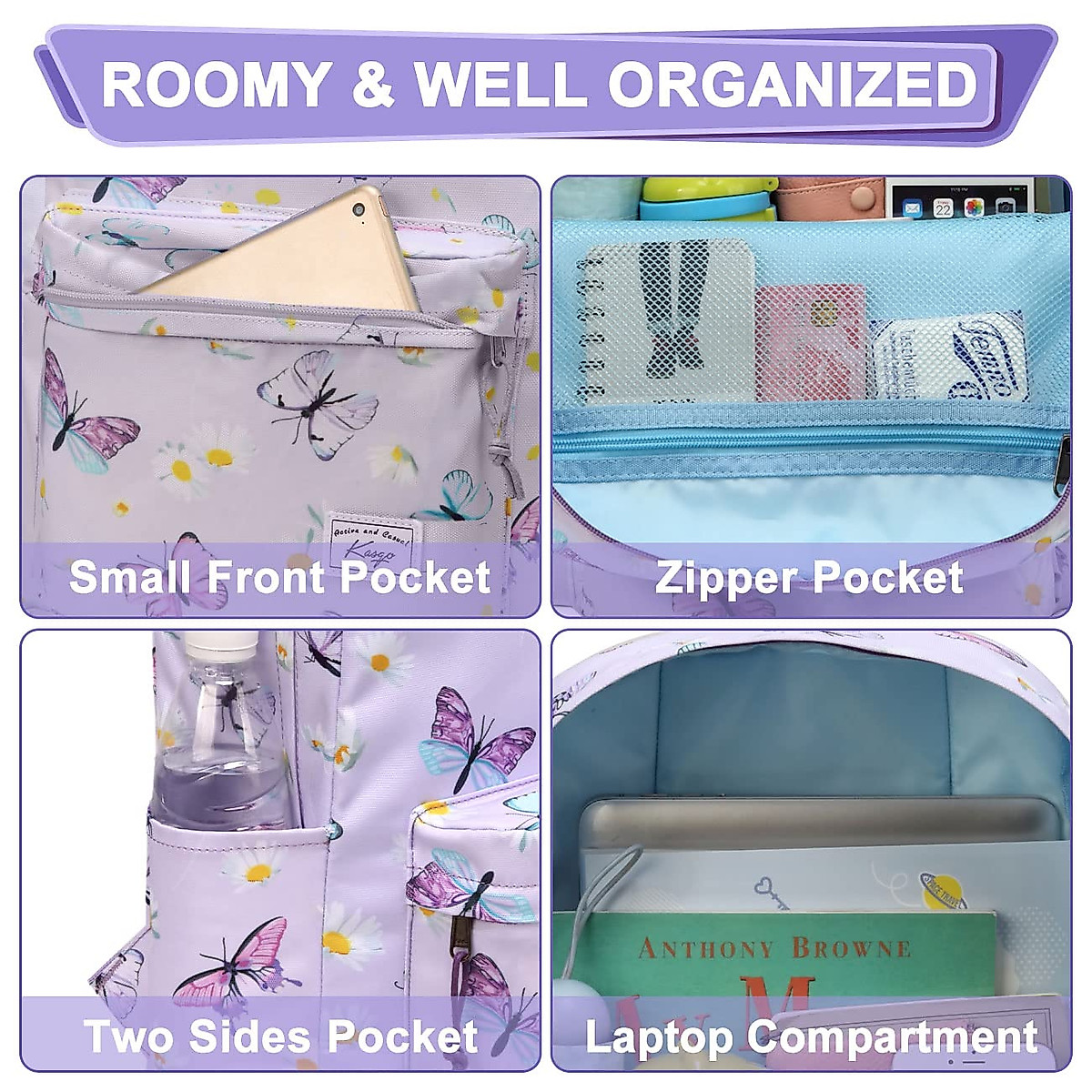 Lightweight School Backpack, Kasqo Large Capacity Water-Resistant Casual College Bookbag for Men Women Teen Girls Boys, Purple Butterfly