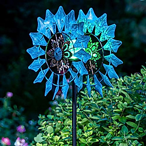 Solar Wind Spinner New Azure 75in Multi-Color Seasonal LED Lighting Solar Powered Glass Ball with Kinetic Wind Spinner Dual Direction for Patio Lawn & Garden