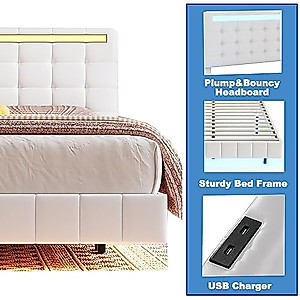 Gustonhon Queen Floating Bed Frame with LED Lights and USB Charging Bed for Modern Space,Upholstered PU Platform LED Bed with Headboard,No Box Spring Needed, Noise Free, Easy Assembly (White)