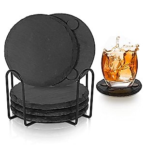 Black Slate Coasters for Drinks - Set of 6 - Anti-Scratch Drink Coasters with Holder - Natural Stone Coasters Bulk, Unique DIY Crafts - Cup Coaster Set for Home Decor, Bar, Coffee, Table