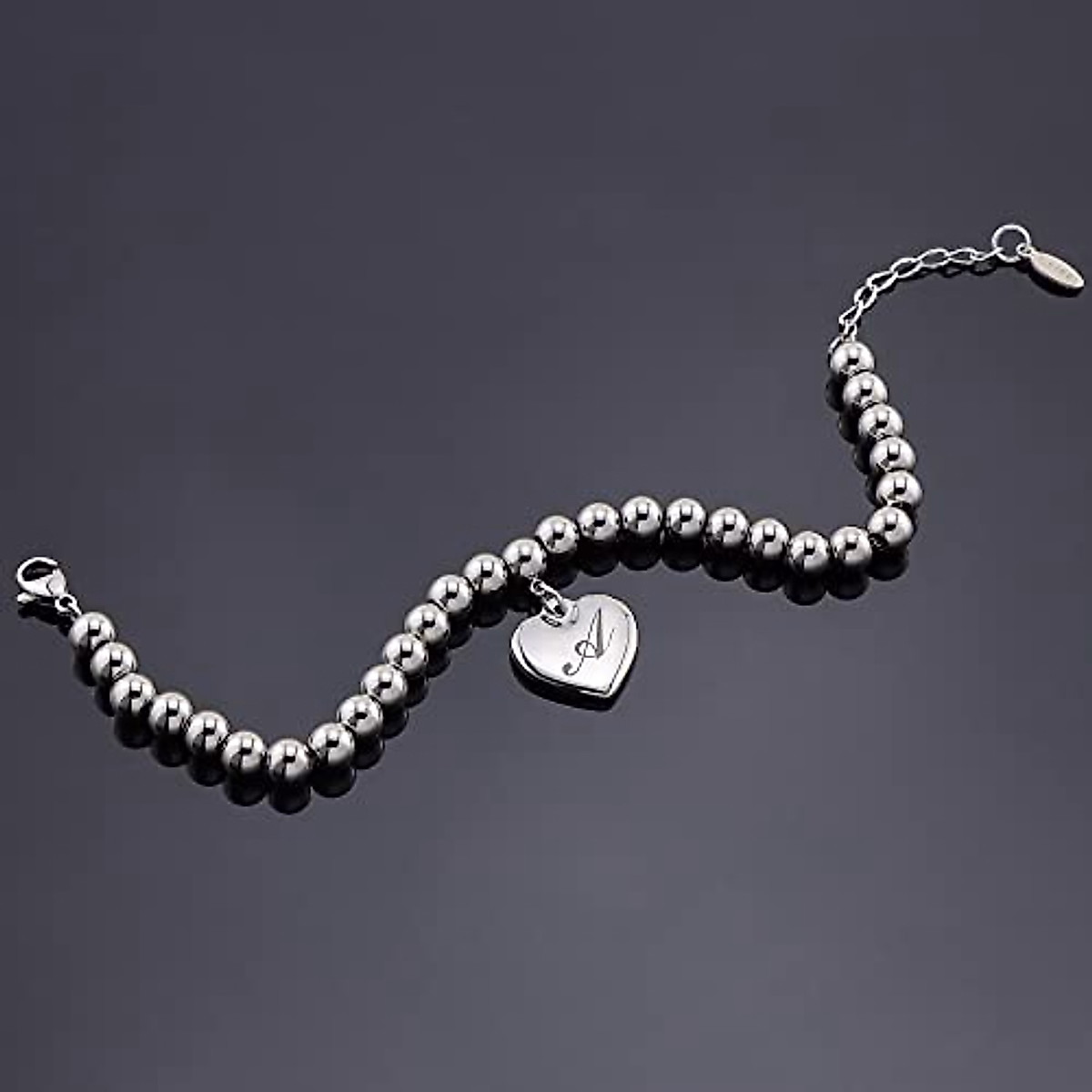 Estendly Initial Heart Charm Bracelets for Kids 6mm Stainless Steel Beaded Delicate Letters C Bracelet Jewelry Birthday Gift for Sister