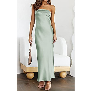 ZESICA Women's 2023 Summer Satin Strapless Dress Sexy Backless Bodycon Wedding Cocktail Party Maxi Dresses,Sage,Large