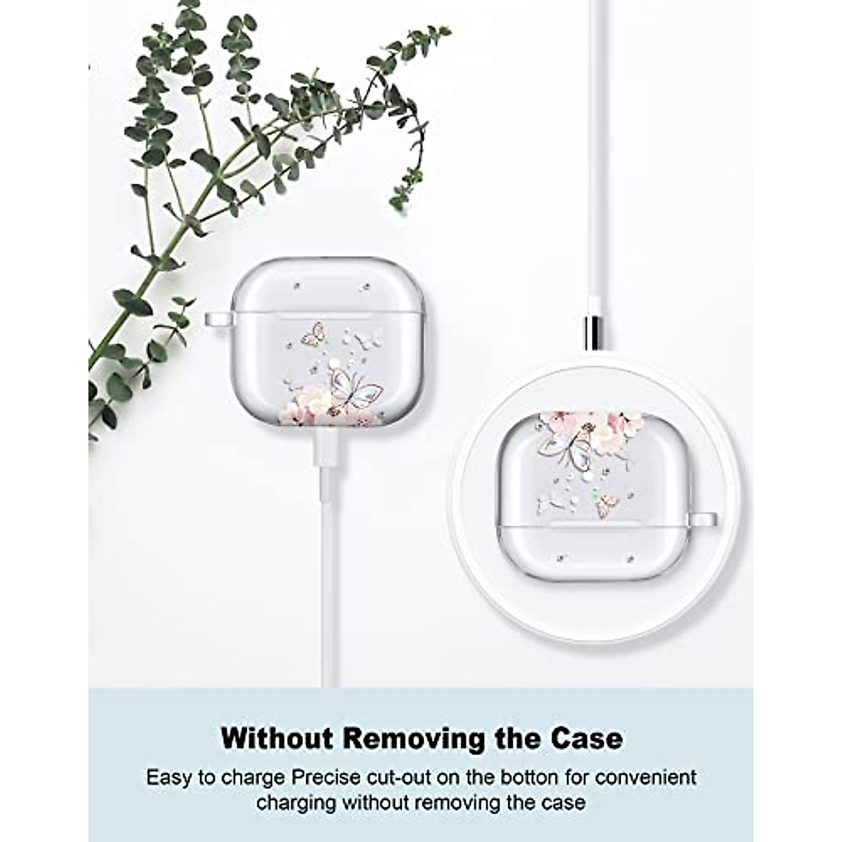 JAHOLAN AirPods 3 Case Clear Butterfly Case Cute Protective Soft Shockproof Cover with Keychain for Women Girls Compatible with AirPods 3rd Generation Wireless Charging Case - Butterfly Flower Pink