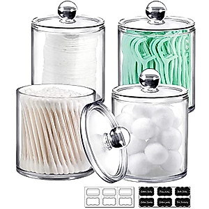 4 Pack of 15 Oz. Plastic Acrylic Bathroom Vanity Countertop Canister Jars with Storage Lid, Apothecary Jars Qtip Holder Makeup Organizer for Cotton Balls,Swabs,Pads,Bath salts (Clear, 15 Oz)
