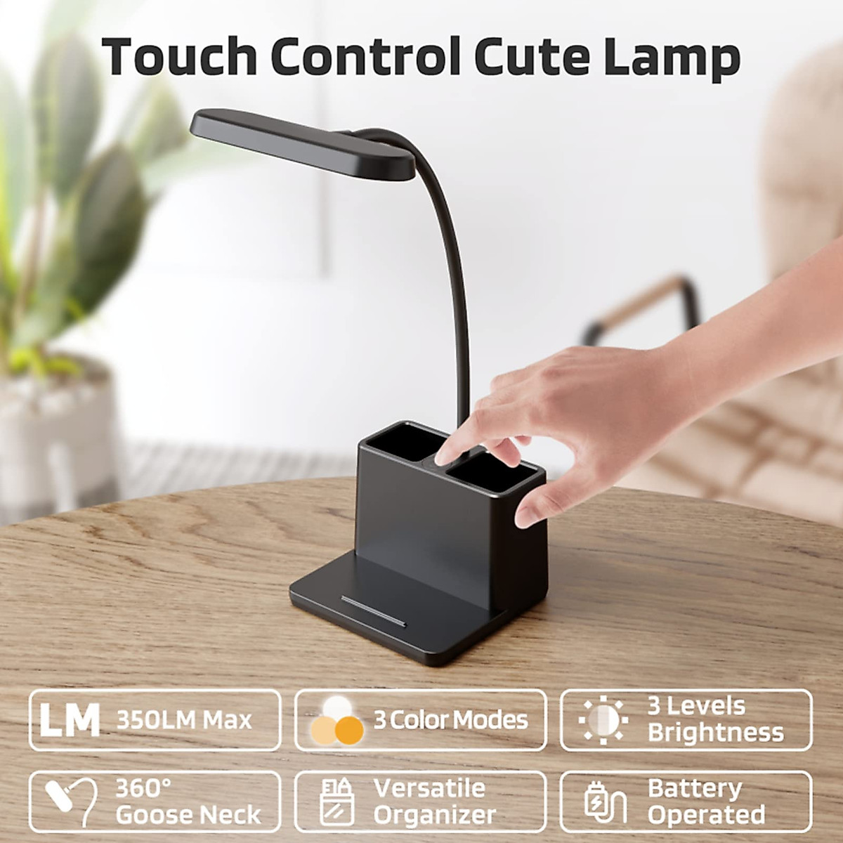 Battery Operated Desk Lamp, Small Desk Light for Home Office, Dunkok Rechargeable Desktop Lamp, LED Portable Lamp with Adjustable Gooseneck, Black Study Reading Lamp for Kids, Charger Adapter Included