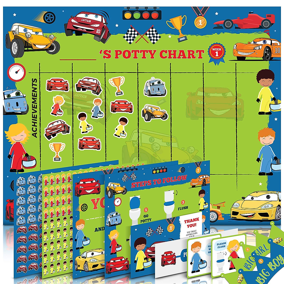 ATHENA FUTURES Potty Training Chart for Toddlers - Cars and Racer Design and Potty Training Count Down Timer Watch With Lights And Music - Dinosaur Yellow