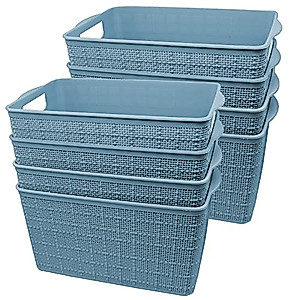 AYSUM 8 Pack Plastic Storage Basket, 9.7 x 6.5 x 5.5 Inch, Small Plastic Baskets Stackable Plastic Woven Organizer Bins for Toys, Pantry, Kitchen, Bedroom, Bathroom - Blue
