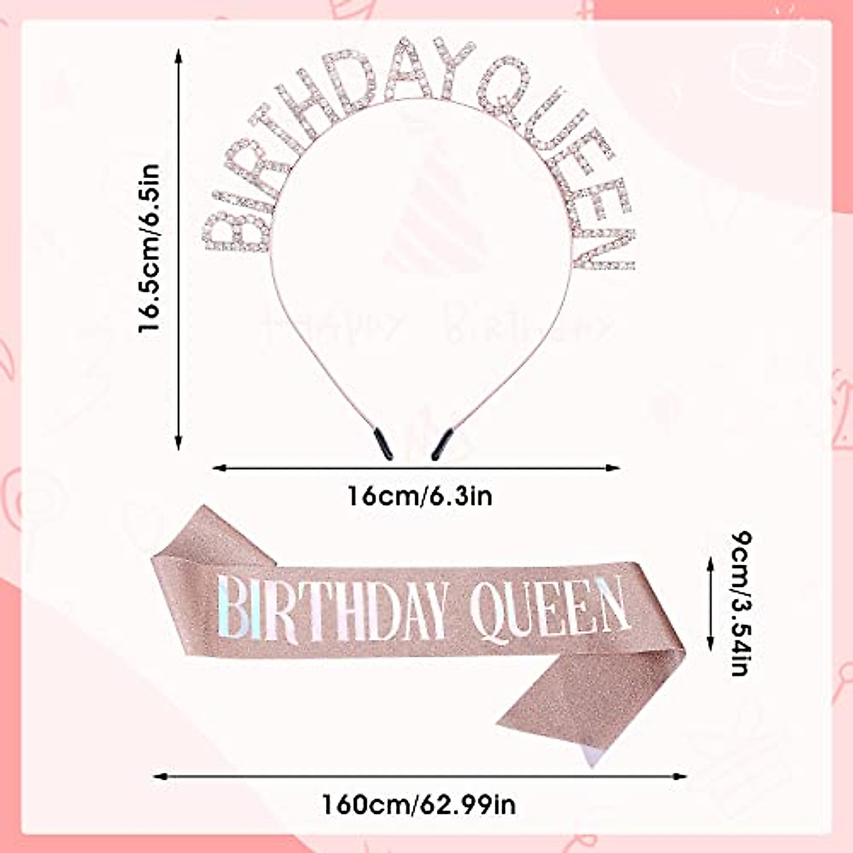 WLLHYF Birthday Queen Sash Crystal Headband Set Rhinestone Tiara Bling Glitter Crowns Hair Band Princess Tiara Sweet Happy Birthday Decorations Accessories for Women Girls