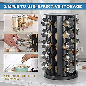 Black Countertop Revolving Spice Rack, Empty 20-Jars Rotating Spice Rack Organizer, Round Carousel Spice Rack Tower, 135 Spice Labels with Funnel Complete Set, for Kitchen Countertop, Cabinet