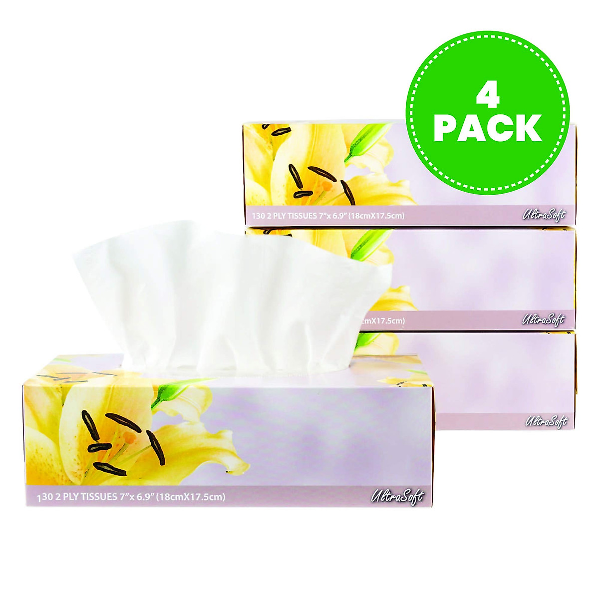 Facial Tissues 130 Per Box, Size 7" X 6.9" 2 Ply, Great for Bathroom, Office, Store, School, Home, Kitchen, Or in Your Car & in Every Room (Pack of 4, 520 Tissues total)
