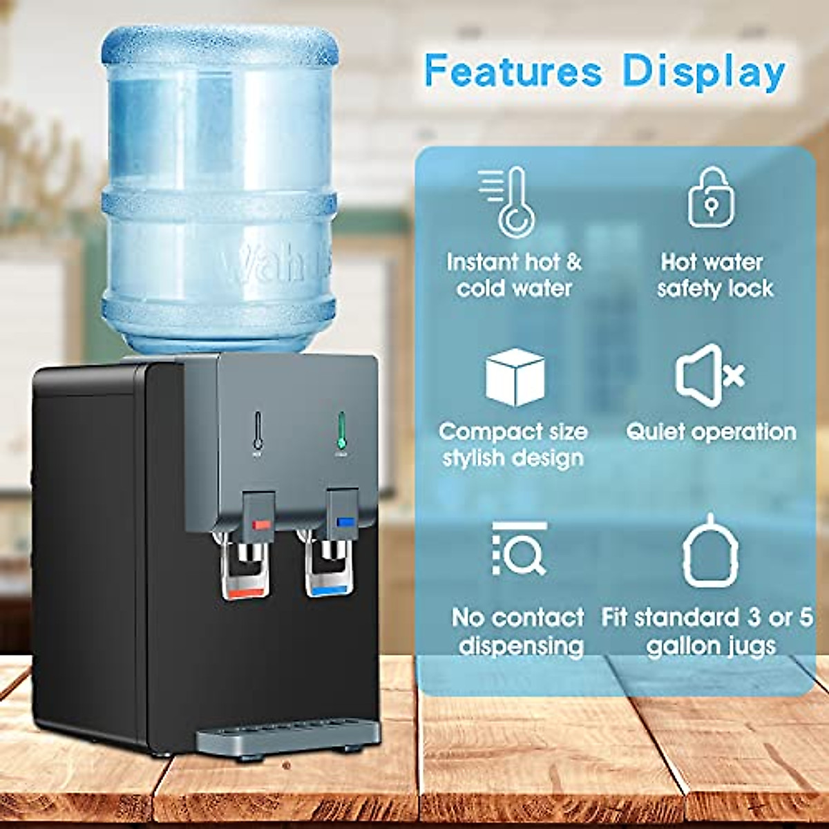 ACCVI Premium Countertop Water Cooler Dispenser, Holds 3 or 5 Gallon Jug, Top Loading, Hot and Cold Water, Child Safety Lock, Compact Design Ideal For Homes, Kitchens, Offices, Dorms, Black