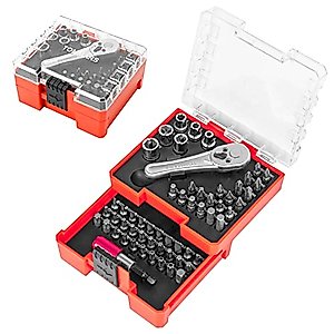 TOMMARS 58-Pc 1/4" Mini Ratchet Wrench Socket & Screwdriver Bits Set, Low Profile, 45 Teeth Gear, S2 and CR-V, 58PCS