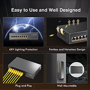 MokerLink 8 Port Gigabit PoE Switch, 8 PoE+ Ports 1000Mbps, 802.3af/at 120W, Metal Fanless Unmanaged Plug and Play