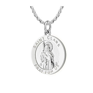 US Jewels 3/4in 925 Sterling Silver Polished Finish Saint St Clare Medal Pendant Necklace