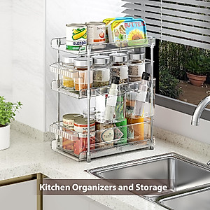 WAKISA Clear Bathroom Organizers 3 Tier, Pull Out Organizer and Storage with 2 Cups, Slide Out Drawer Storage Container with 6 Dividers, Multi-Purpose Bathroom Organizer, Kitchen Under Sink Organizer
