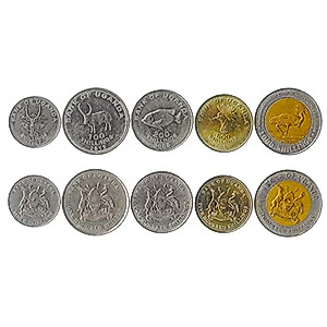 5 Coins from Uganda | Ugandan Coin Set Collection 1000 500 200 100 50 Shillings | Circulated 1998-2019 | Sanga Cattle | Cichlid | Grey Crowned Crane