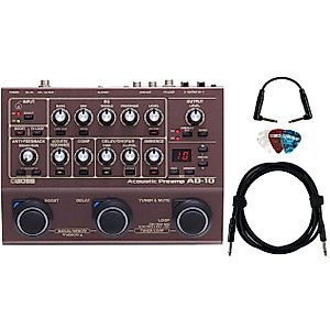 Boss AD-10 Acoustic Preamp Bundle with 10ft Instrument Cable, 6in Patch Cable, and Picks
