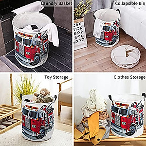 Laundry Basket Cartoon Fire Truck Red Grey Car,Waterproof Collapsible Clothes Hamper Patriotic Firefighter Trucks on White,Large Storage Bag for Bedroom Bathroom 42L