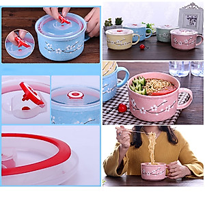 GQHNLUP 4 Pack 30oz Ceramic Bowl with Lid and Handle,Cherry Blossoms Among Snow Flake Pattern,Floral Handpainted Stoneware Bowl for Microwave Dishwasher