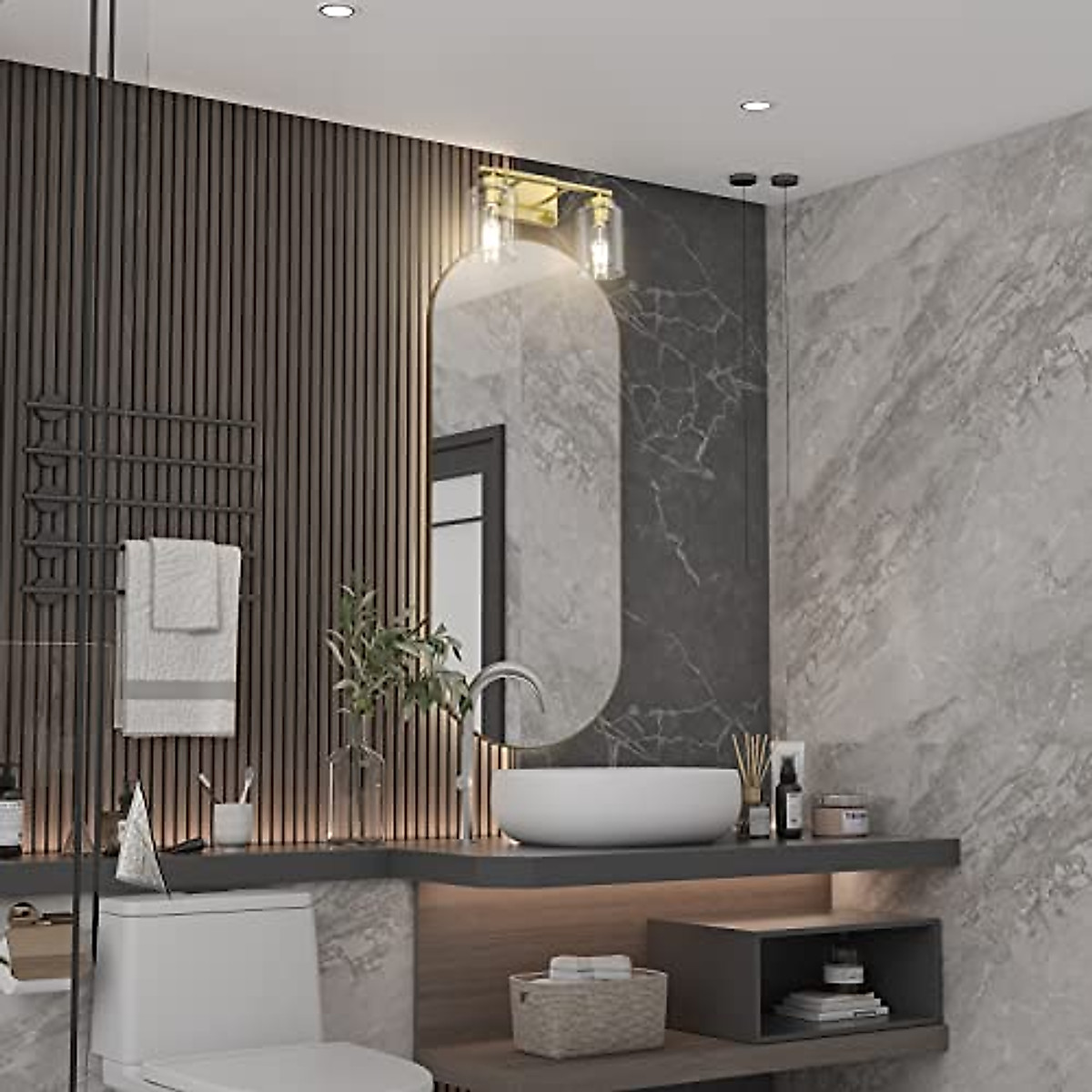 Bathroom Light Fixtures,Brushed Brass Vanity Light, Gold Wall Sconces Lighting, Modern Bath Wall Mounted Lights with Glass Shade, Gold Wall Sconce for Living Room, Bedroom, Hallway(Exclude Bulb)