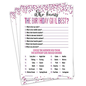 15 Who Knows The Birthday Girl Best Game Cards- for Child or Teen- Fun and Easy Game for Party or Sleepover- Girl Birthday Supplies, Activity, Decorations