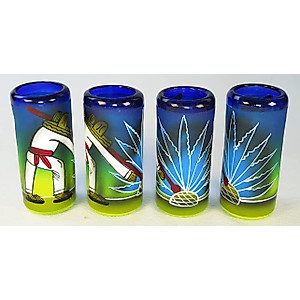 Mexican Shot Glasses Tequila Making Scene, Poncho with Agave Cactus hand painted Bottle, 4 shot glasses