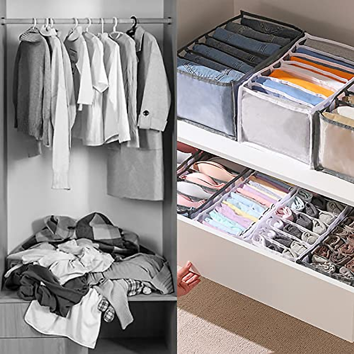 Livable Cloud 2Pcs 7 Grids drawer wardrobe organizer, jeans organizer, foldable and washable, suitable for T shirts, trousers, underwear, socks L Gray Large