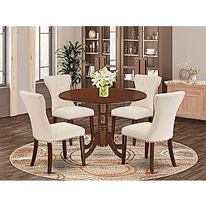 East West Furniture DLGA5-MAH-32 5 Piece Dining Room Table Set Includes a Round Dining Table with Dropleaf and 4 Light Beige Linen Fabric Upholstered Chairs, 42x42 Inch, Mahogany