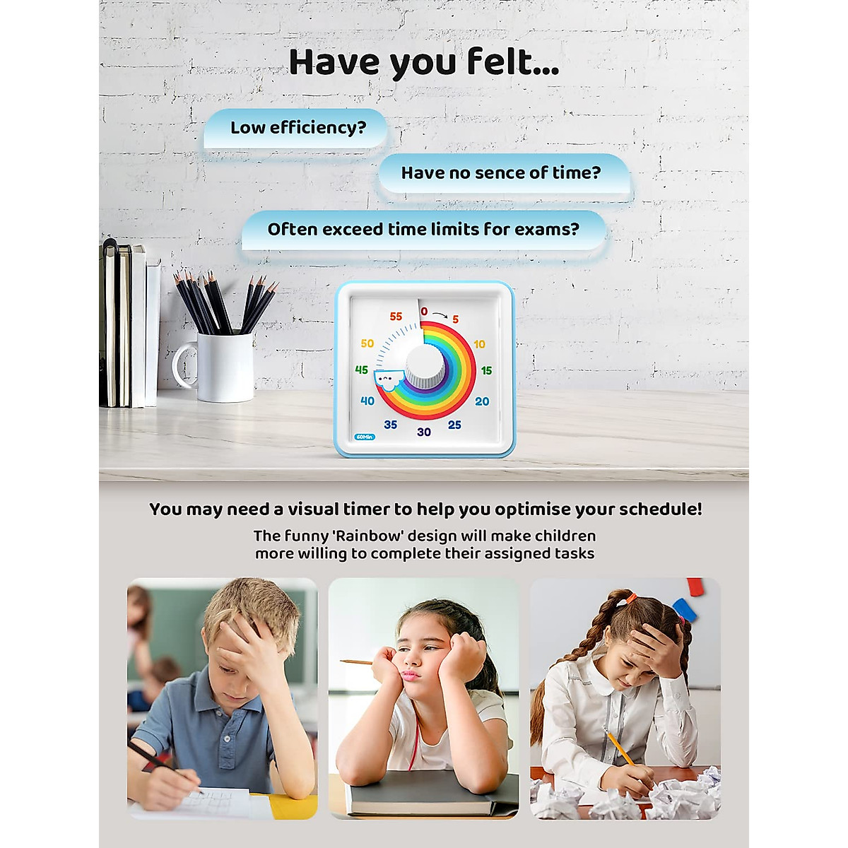 LIORQUE 60 Minute Visual Timer for Kids, Visual Countdown Timer for Classroom Office Kitchen with 'Rainbow' Pattern Design, Pomodoro Timer with Silent Operation (Batteries Included)