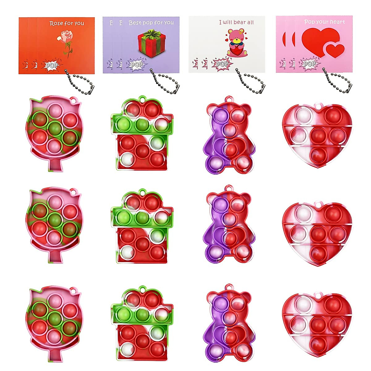 Pinkiwine 12 Pack Colorful Mini Valentines Fidget Sensory Pop Toys with Cards for Kids School Class Classroom Valentines Day Cards Gifts Prizes Party Favors