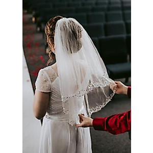 Malishow 2 Tiers Beaded Wedding Veil Sequin Pearl Edge Bling Bridal Veils New white