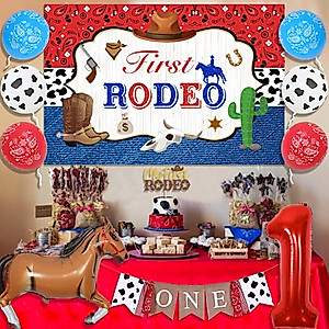 Cowboy 1st Birthday Decorations, First Rodeo Birthday Party Decor Blue, First Rodeo Birthday Backdrop Western Theme Balloons, Cow One High Chair Banner for Western Cowboy Birthday Party Supplies