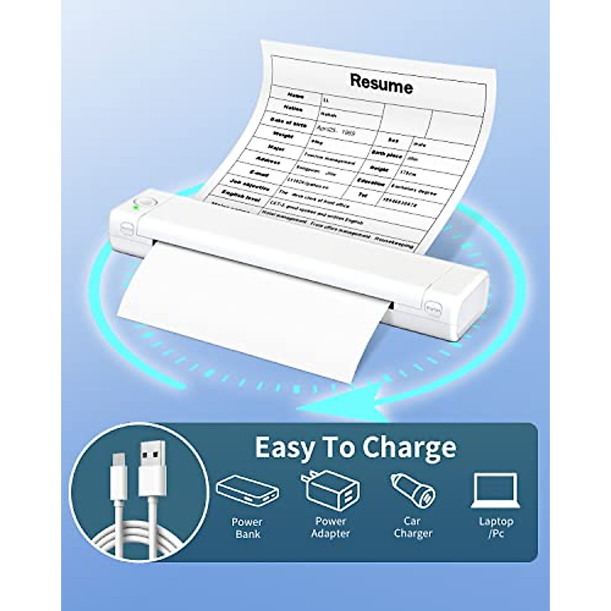 Odaro White M08F Letter Portable Printer for Travel with 200 Sheets Continual Thermal Paper 8.5" X 11" Letter Size