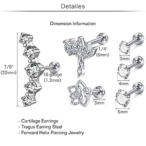 MODRSA 16G Cartilage Piercing Jewelry Tragus Earrings Forward Helix Piercing Jewelry for Women Stainless Steel Cubic Zirconia Stud Earrings Silve
