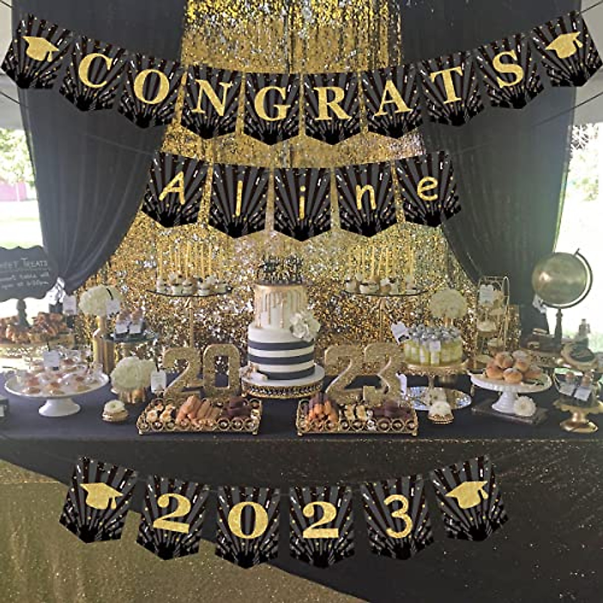 Graduation Banner 2023 Personalized Black and Gold - Congrats Grad Bunting Banner 2023 with Gold Pens for Car Home Senior College Graduation Party Decorations