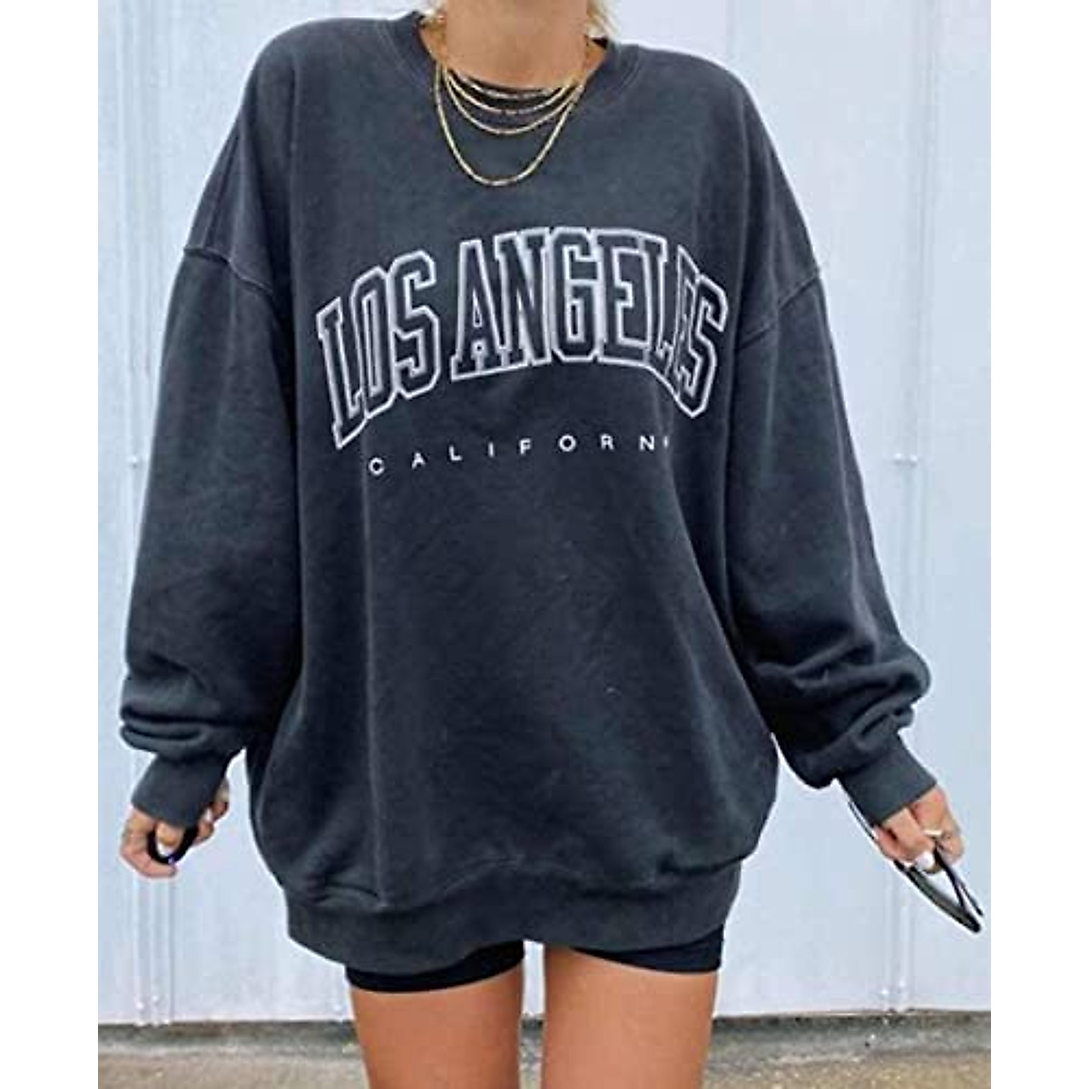 Kaxindeb Women's Los Angeles California Sweatshirt Oversized Bat Long Sleeve Crewneck Pullover Navy